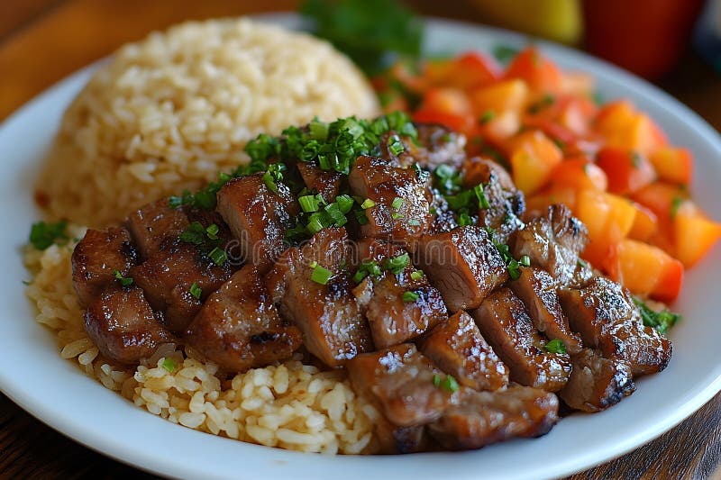 Grilled Pork with Rice and Vegetables Stock Illustration - Illustration ...