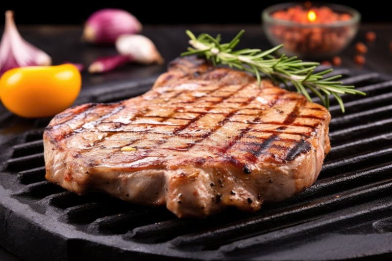 Grilled Pork Chop with Grill Marks on a Slate Slab Stock Photo - Image ...