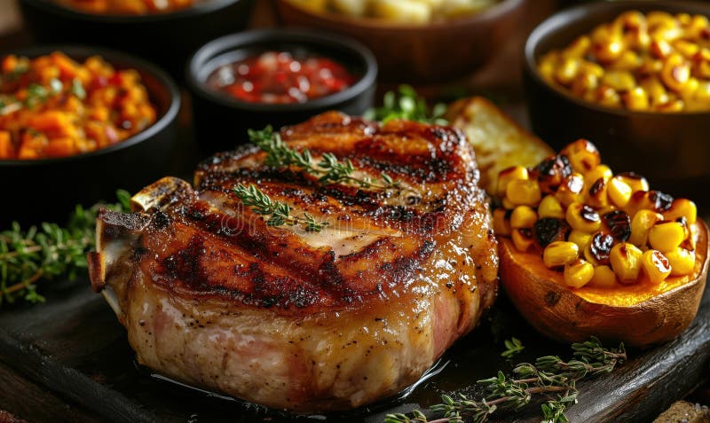 Grilled Pork Chop Served with Assorted Side Dishes Including Corn and ...