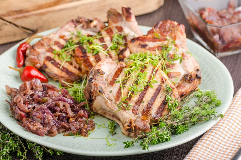 Grilled pork chops stock image. Image of juicy, pork - 100143765