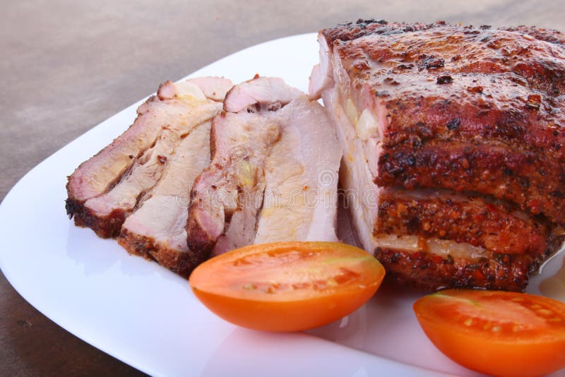 Grilled Pork Chops with Tomato and Ketchup on Plate. Stock Image ...