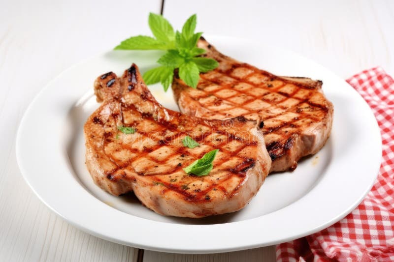 Grilled Pork Chops on a White Ceramic Plate Stock Image - Image of ...