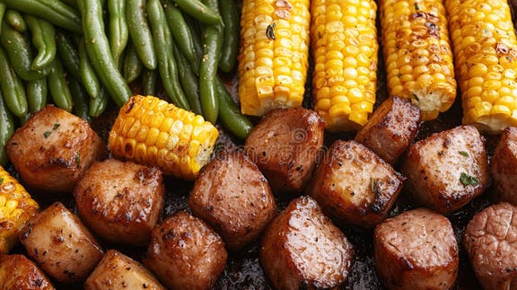 Grilled Pork Cubes with Corn and Green Beans Stock Illustration ...