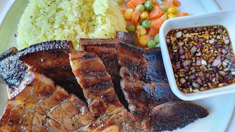 Grilled Pork with Java Rice and Mixed Vegetables Stock Image - Image of ...