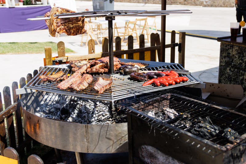 Grilled Pork Meat in Medieval Market Stock Photo - Image of festival ...