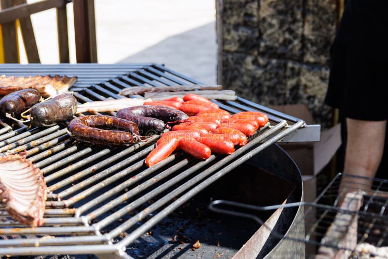 Grilled Pork Meat in Medieval Market Stock Photo - Image of grilled ...