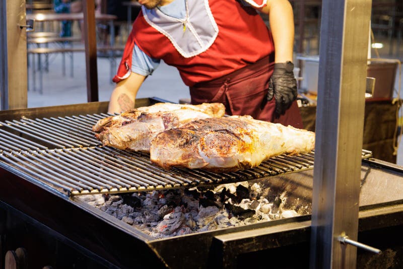 Grilled Pork in a Medieval Market Stock Image - Image of cooked, meat ...