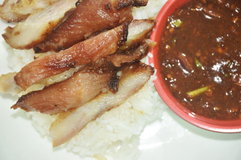 Grilled Pork Neck with Plain Rice on Plate Dipping Spicy Sauce Stock ...