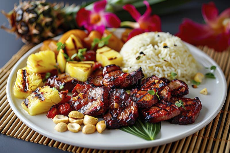 Grilled Pork with Pineapple, Rice, and Tropical Vegetables on a Bamboo ...