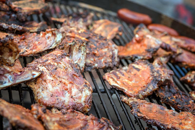 Grilled Pork Ribs on the Grill. Stock Photo - Image of detail, barbeque ...