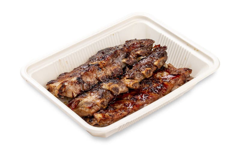 Grilled Pork Ribs. in a Plastic Container. Food To Go Stock Image ...