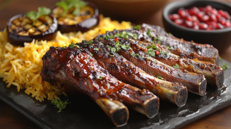 Grilled Pork Ribs with Rice and Roasted Eggplant Stock Illustration ...