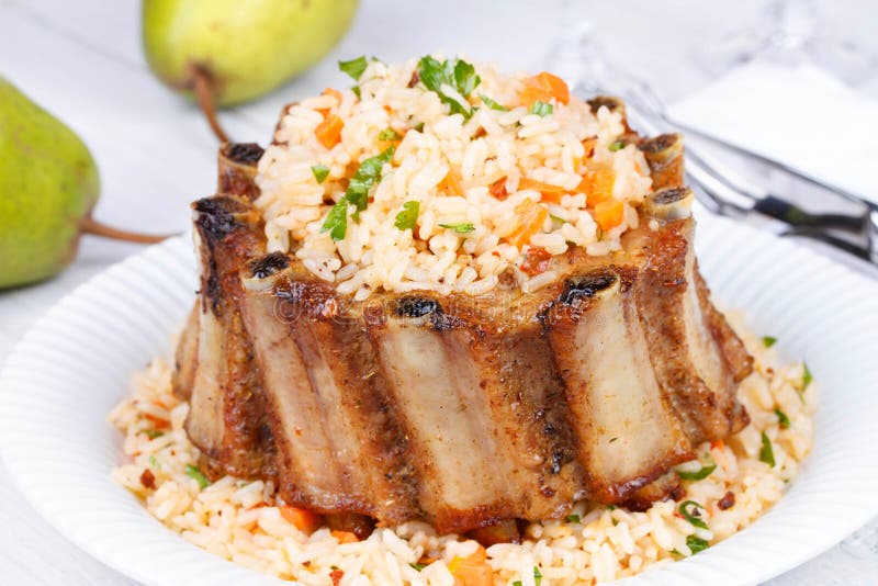 Grilled Pork Ribs with Rice and Spices Stock Photo - Image of baked ...