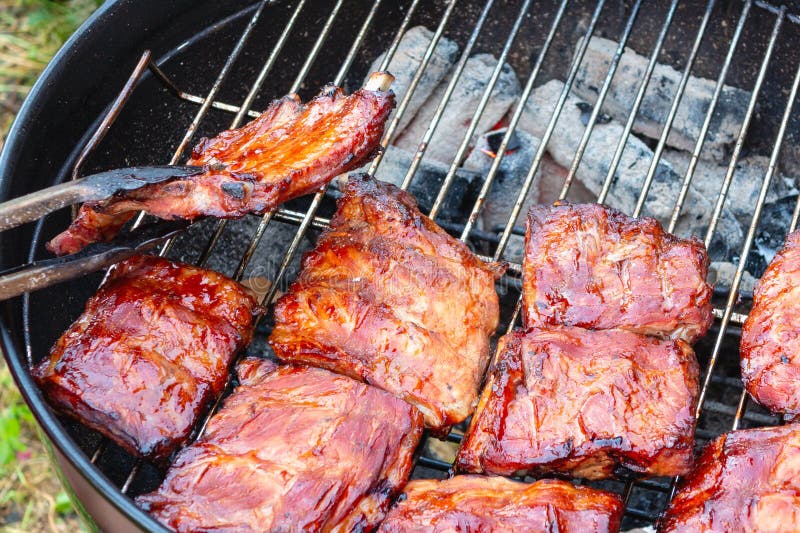 Grilled Pork Ribs on Round Bbq Grill Stock Image - Image of lunch ...