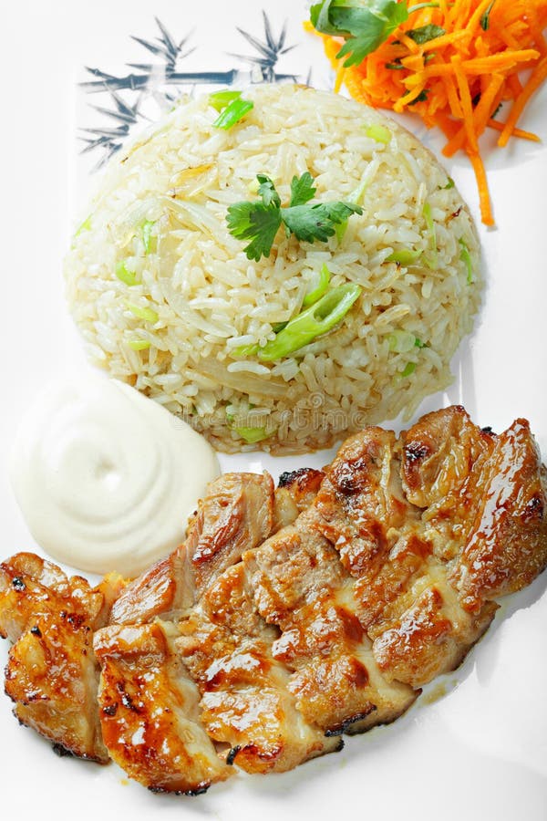 Grilled Pork with Rice Above View Stock Image - Image of asian, sauce ...