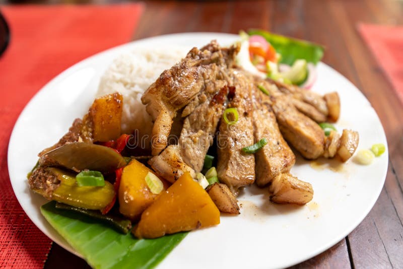 Grilled pork with Rice stock image. Image of lunch, meat - 147096769