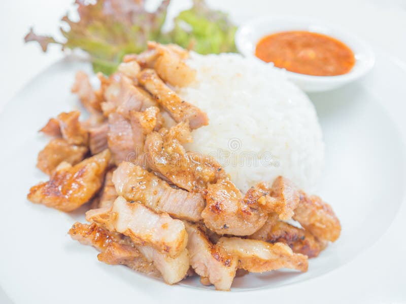 Grilled Pork with Rice and Vegetables Served with Spicy Sauce Stock ...