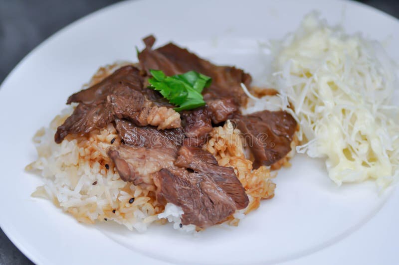 Grilled Pork or Roasted Pork with Rice Stock Photo - Image of cabbage ...