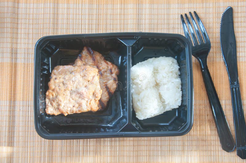 Grilled Pork with Sticky Rice in Box Stock Photo - Image of protein ...