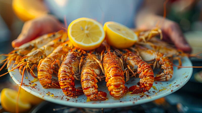 Grilled Prawns on Plate. a Hands Plating Crayfish on a Plate with Lemon ...