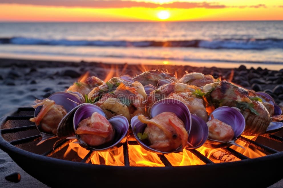 Grilled Quahogs with Beach Bbq and Sunset Stock Illustration ...