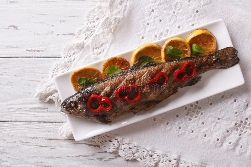 Grilled Rainbow Trout with Vegetables. Horizontal Top View Stock Photo ...
