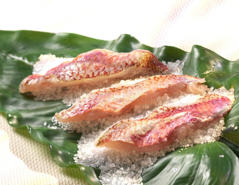 Grilled Red Mullet Fillets on a Bed of Coarse Salt Stock Image - Image ...