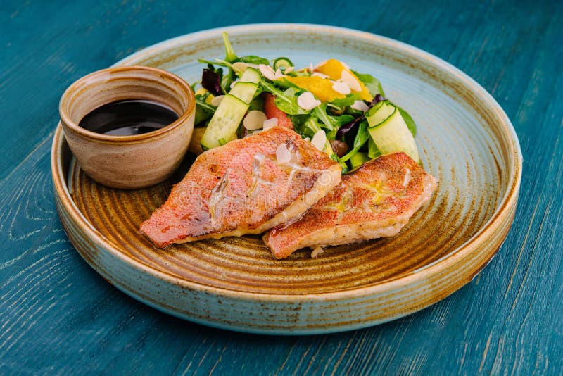 Grilled Red Snapper Fish Fillets and Fresh Vegetable Salad Stock Photo ...