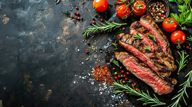Grilled Ribeye Beef Steak, Herbs and Spices, Top View with Copy Space ...