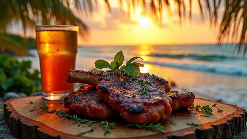 Grilled Ribeye Steak and Beer at Sunset on Tropical Beach Stock Image ...