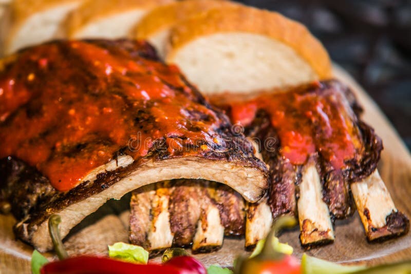 Grilled Ribs with Bread and Side Dish. Stock Image - Image of creative ...