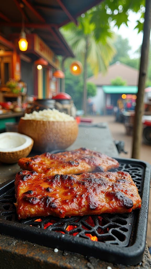 Grilled Ribs on Outdoor Barbecue in Tropical Setting with Restaurant ...