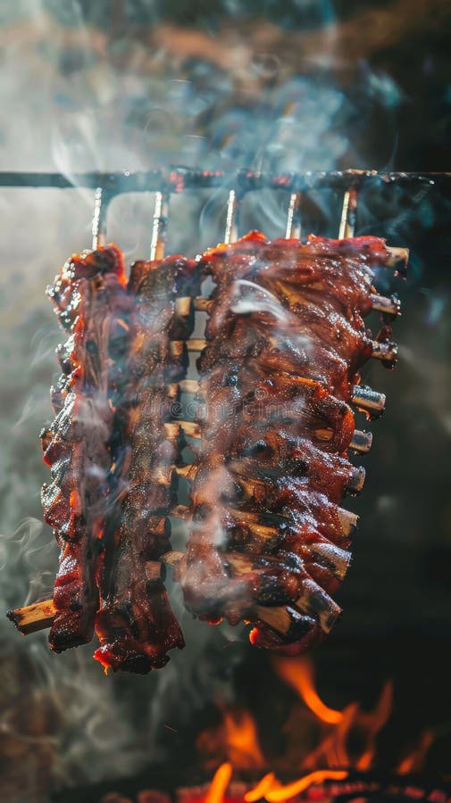 Grilled Ribs Over Open Flames with Smoke Stock Photo - Image of food ...