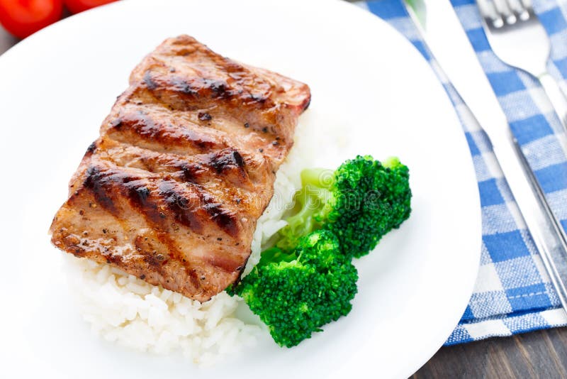 Grilled Ribs with Rice and Broccoli Stock Image - Image of spare ...