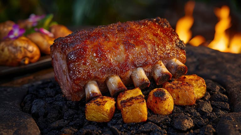 Grilled Ribs with Roasted Squash on a Charcoal Grill. Stock ...