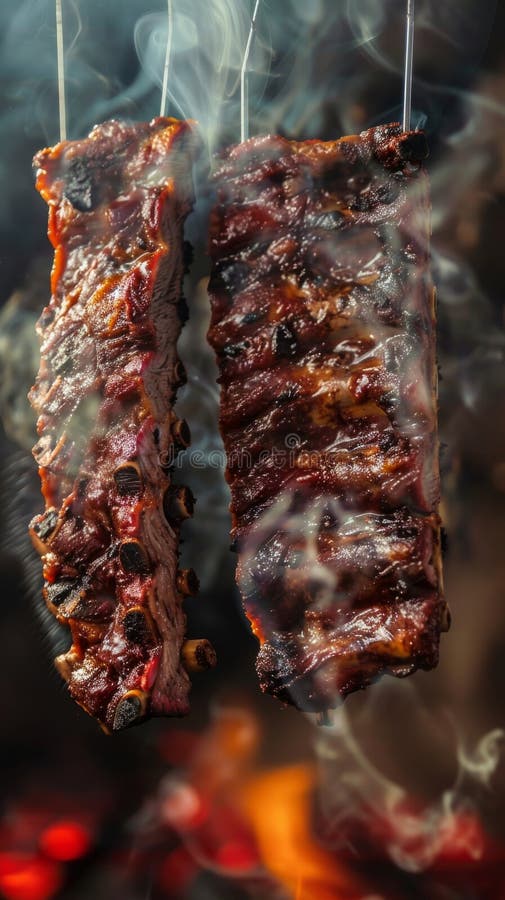 Grilled Ribs with Smoke and Fire, Close-up View. Barbecue and Culinary ...