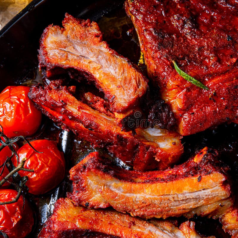Grilled Ribs in Spicy Marinade with Salad and Vegetables Stock Image ...