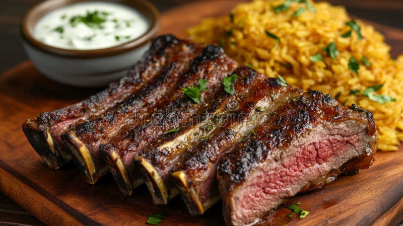 Grilled Ribs with Yellow Rice and Creamy Sauce Stock Illustration ...