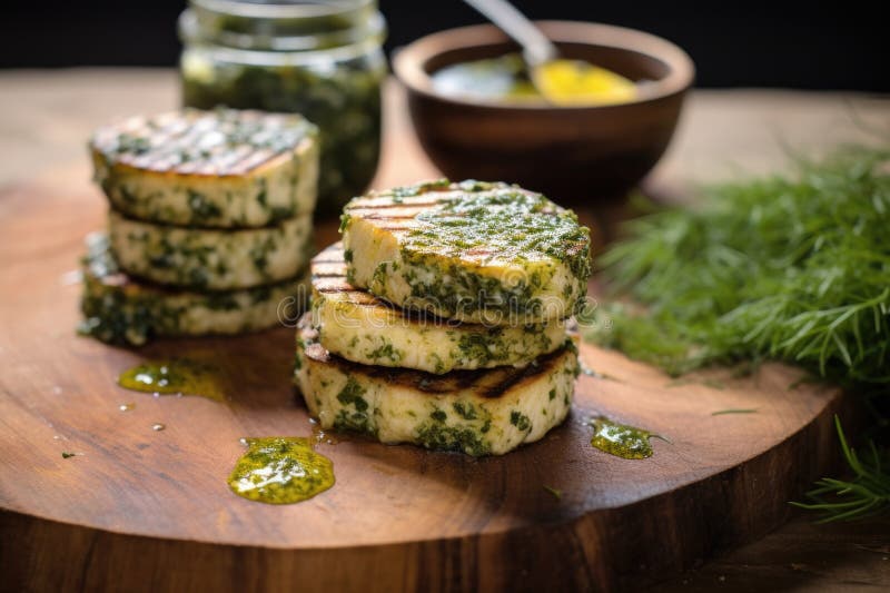 Grilled Ricotta Cheese with Herbs on Cedar Plank Stock Image - Image of ...