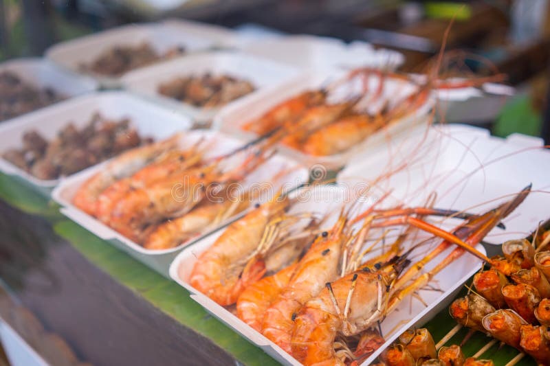 Grilled River Prawn Sell at Night Market Stock Photo - Image of meat ...