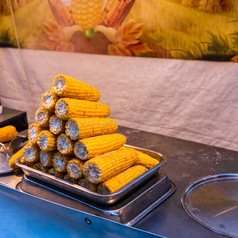 Grilled Roasted Sweet Corn Ready To Sell At A Street Food Festival Stock Image Image Of