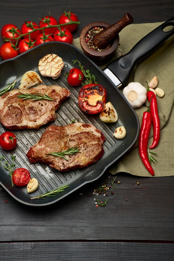 Grilled Roated Beef Steaks on Frying Pan Stock Photo - Image of salt ...