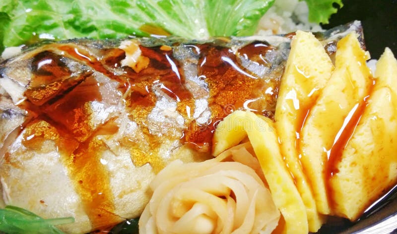 The Grilled Saba Fish Barbecue Sauce and Tamago with Rice in Box Set ...