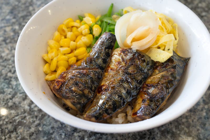 Grilled Saba Fish with Japanese Rice Stock Photo - Image of ...