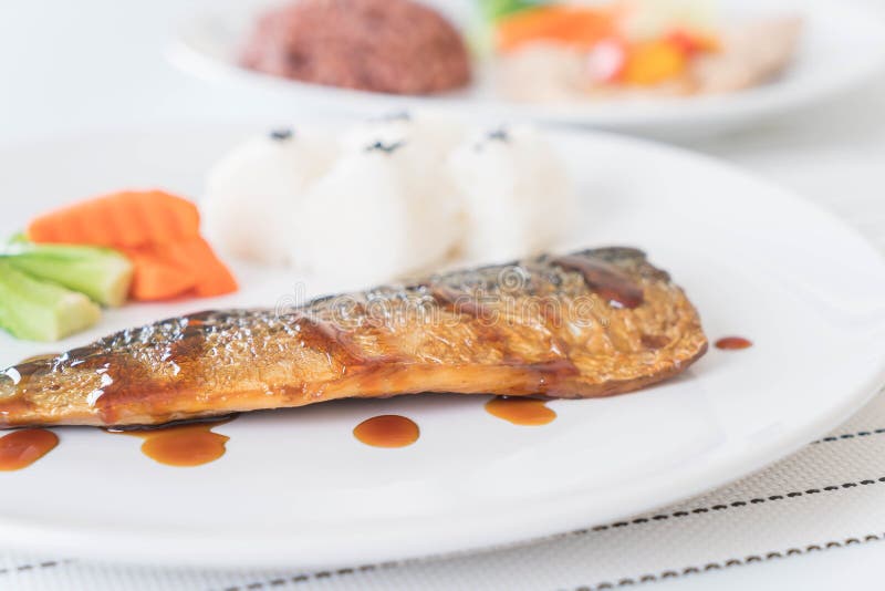 Grilled Saba fish sauce stock photo. Image of dish, grilled - 90981640