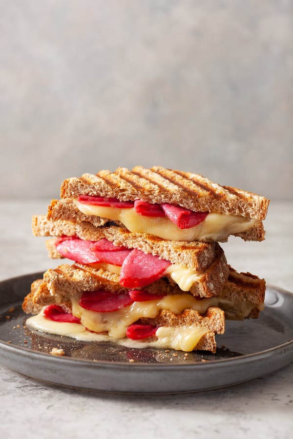 Grilled Salami and Cheese Sandwich Stock Photo - Image of fast ...