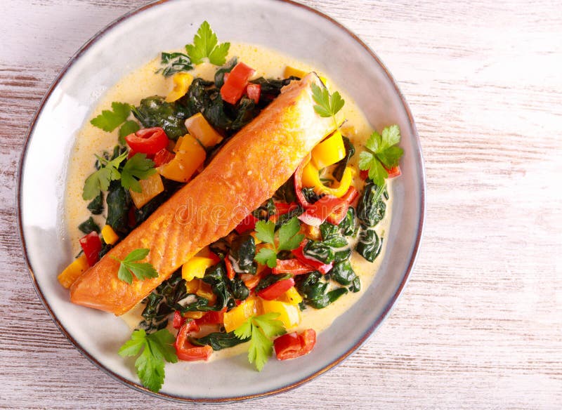 Grilled Salmon Fillet with Creamy Spinach Stock Image - Image of ...