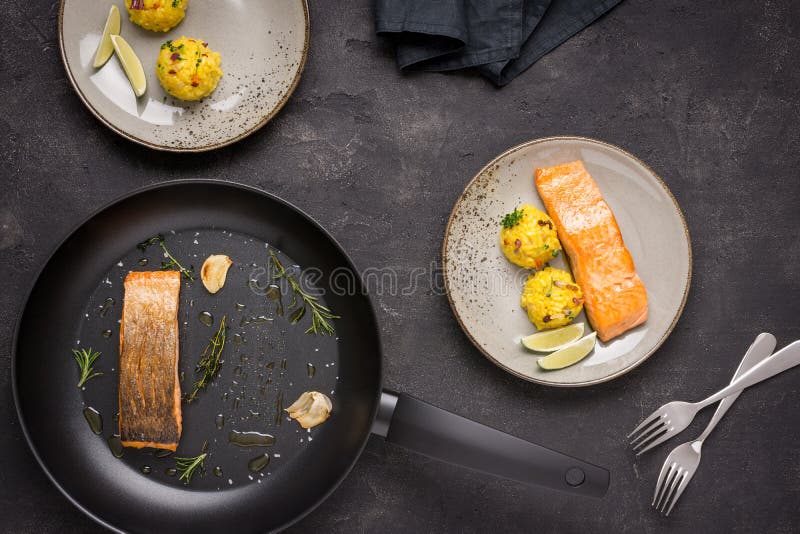 Grilled Salmon Fillet with Saffron Risotto Stock Photo - Image of steak ...