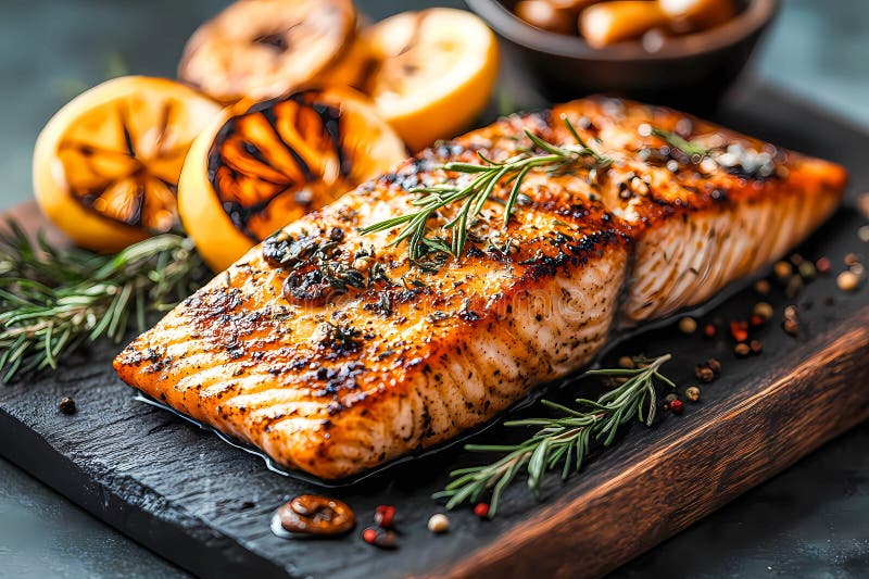 Grilled Salmon Fish with Spices Served on a Plate Stock Illustration ...