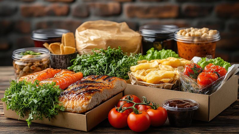 Grilled Salmon, Fries, and Various Side Dishes in Eco-friendly Takeout ...